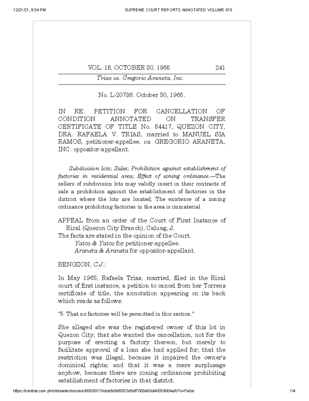 1.DRA. Rafael V. Trias VS. Gregorio Araneta, INC., G.R. No. L-20786 ...