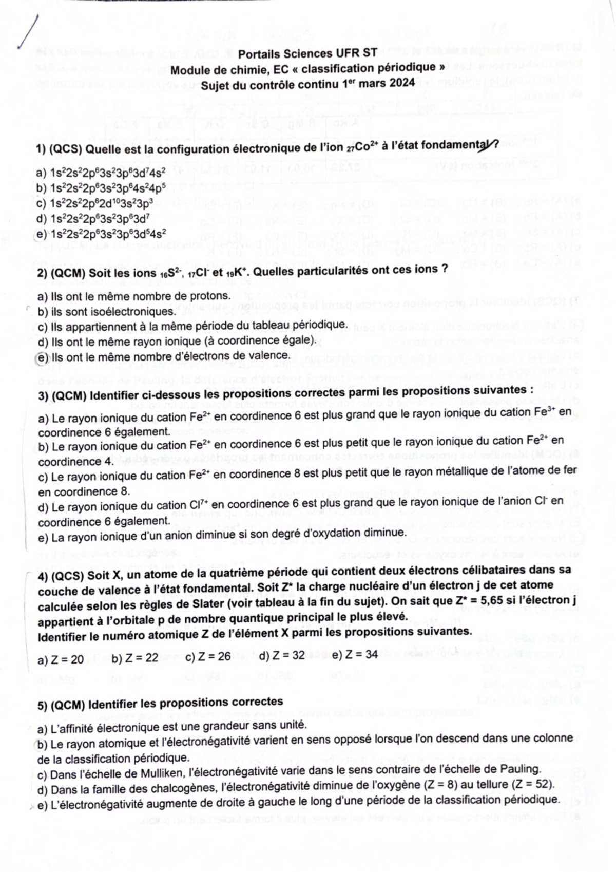 Sujet CC L1 S2 20232024 Classification périodique - Portails Sciences ...