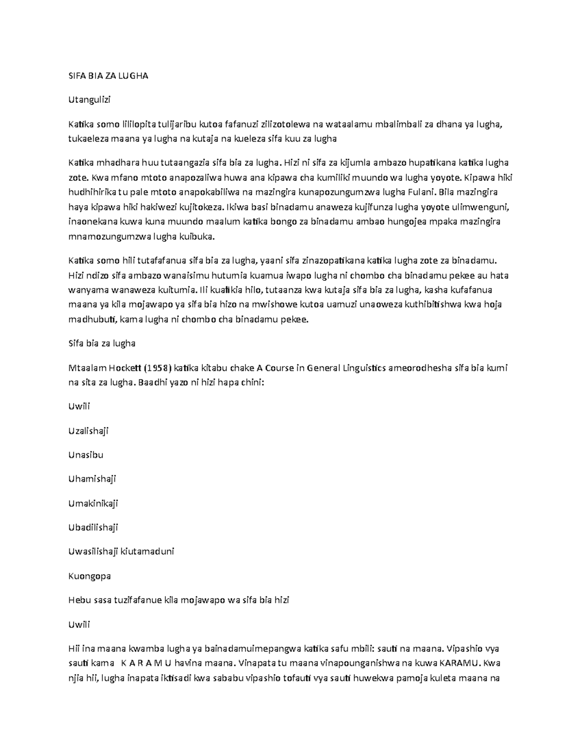 SIFA BIA ZA Lugha - SIFA BIA ZA LUGHA Utangulizi Katika somo lililopita ...