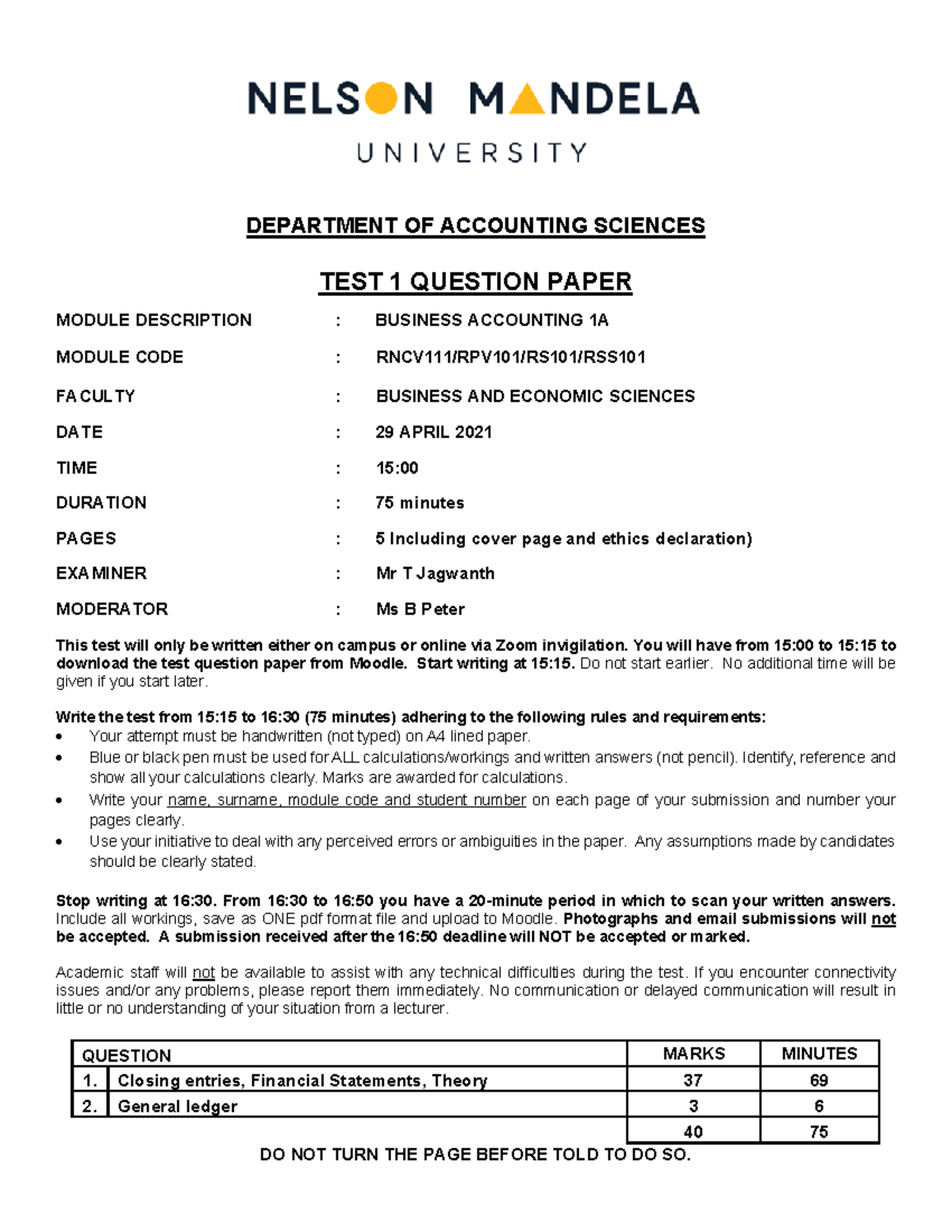 Test 1 Question Paper 2021 - DEPARTMENT OF ACCOUNTING SCIENCES TEST 1 ...