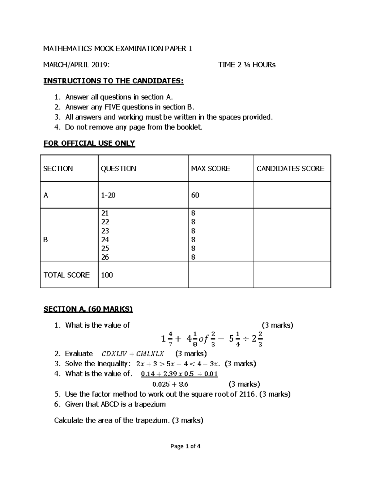 MOCK Maths Peper 1 2019 MO - MATHEMATICS MOCK EXAMINATION PAPER 1 MARCH ...