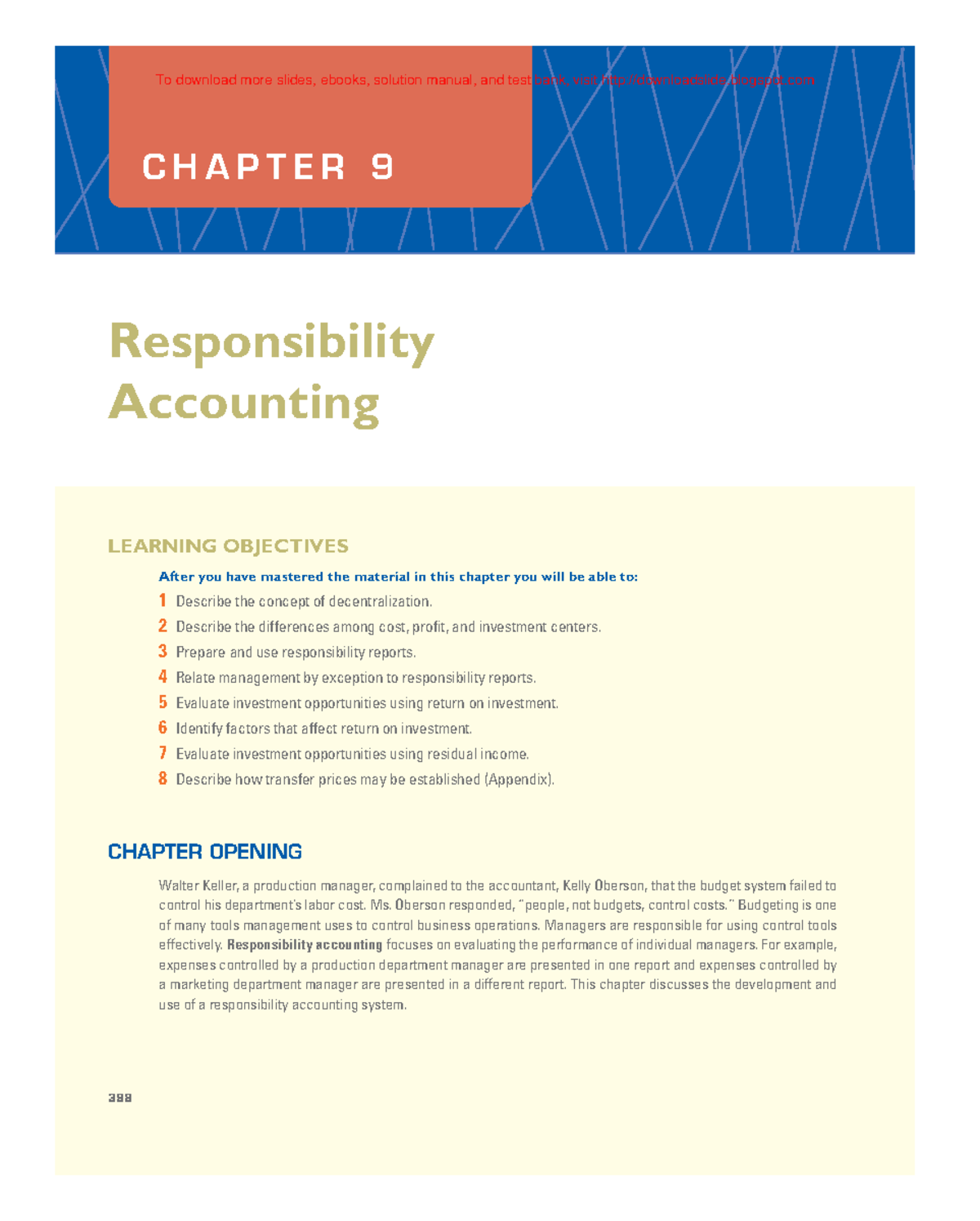10. Chapter 9 - Responsibility Accounting - C H A P T E R 9 Responsibility Accounting LEARNING ...