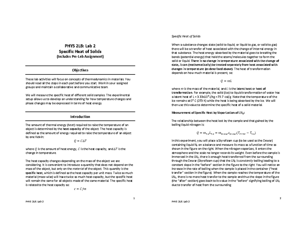 Lab 2 - Specific Heat of Solids - 1 PHYS 2LB: Lab 2 Specific Heat of ...