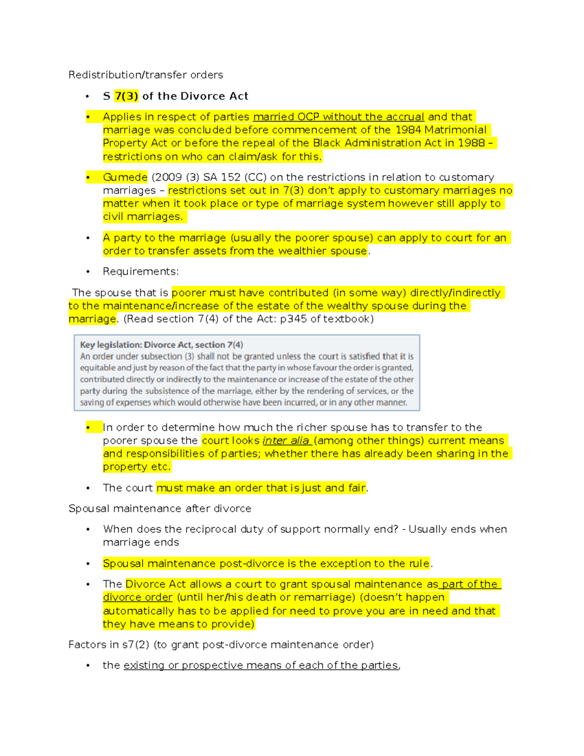 TOPIC 10 DIVORCE NOTES - Redistribution/transfer orders - S 7(3) of the ...