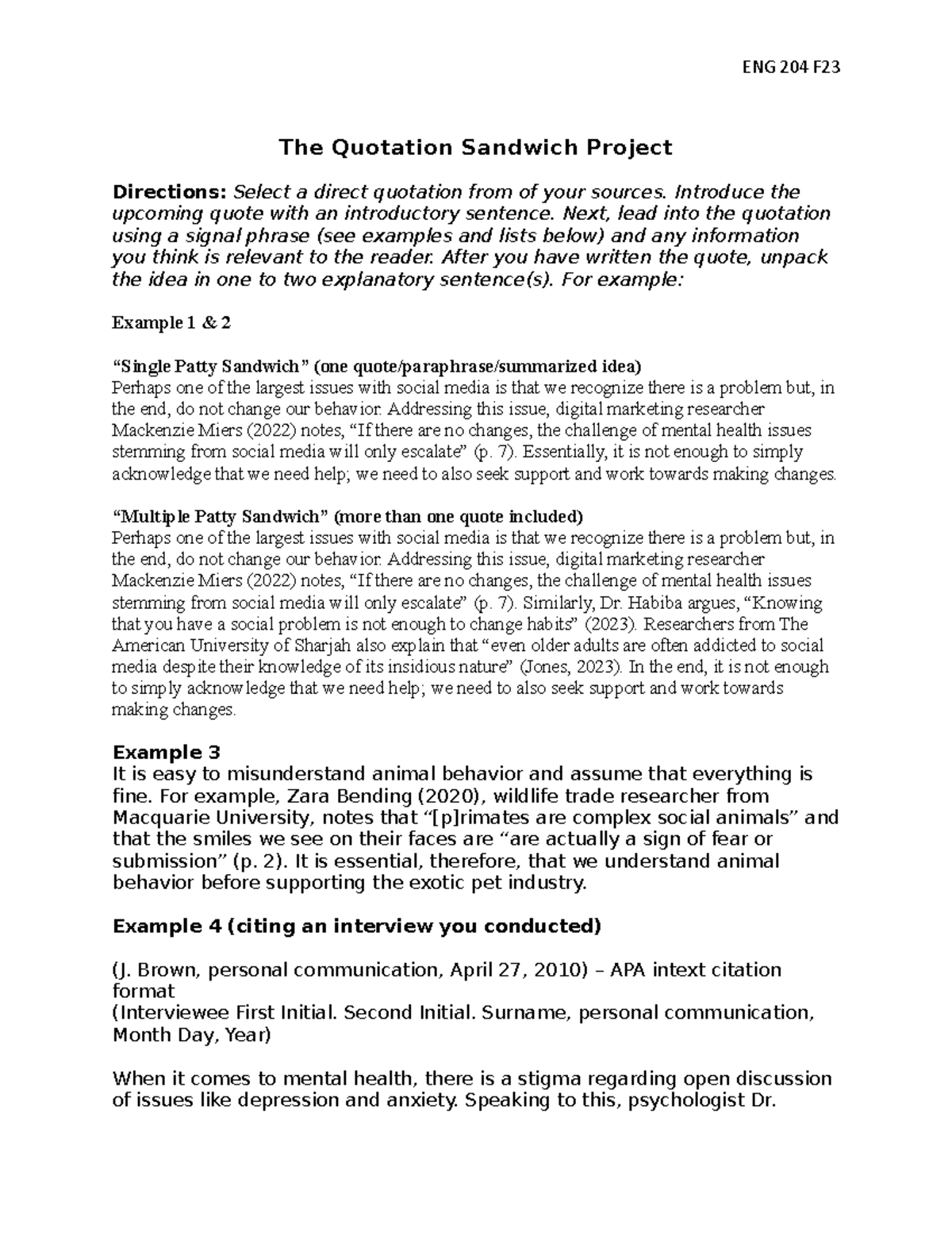 ENG 204 - The Quotation Sandwich Project Revised F23 - ENG 204 F The ...