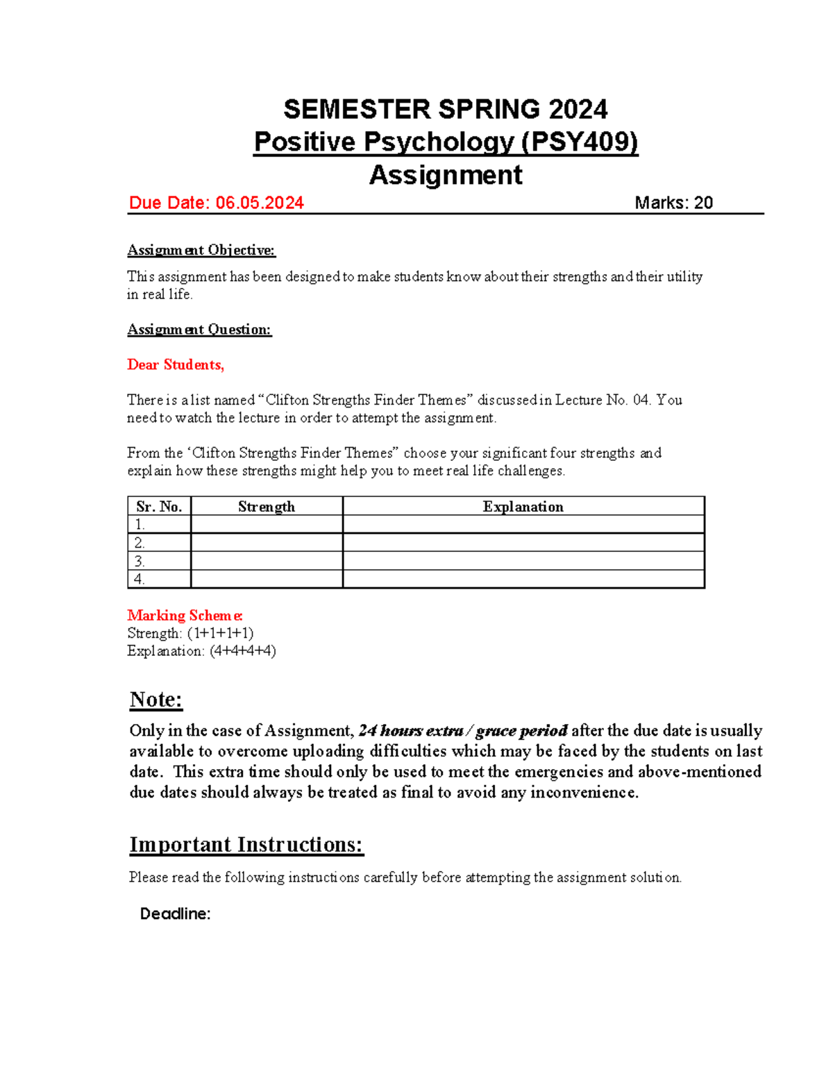 Spring 2024 PSY409 1 2 - SEMESTER SPRING 2024 Positive Psychology (PSY409) Assignment Due Date ...