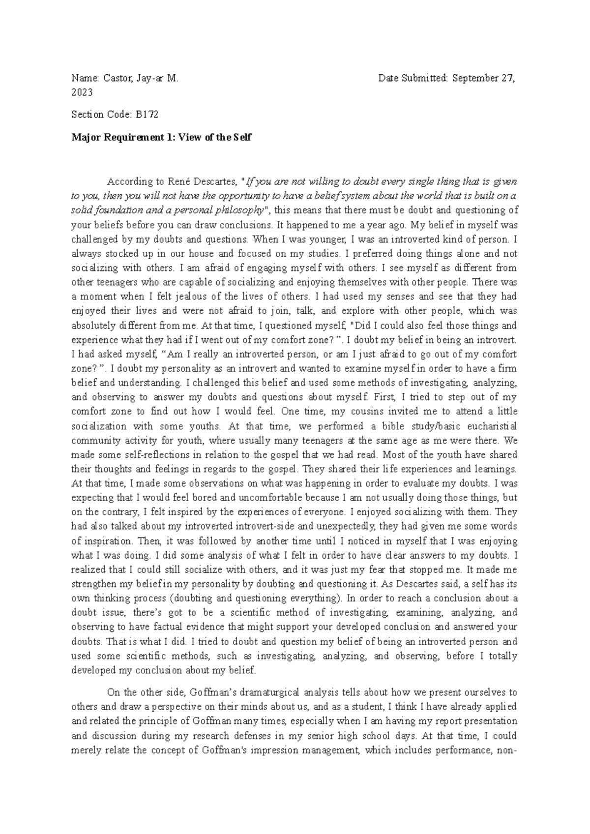 UTS Major Output - Name: Castor, Jay-ar M. Date Submitted: September 27 ...