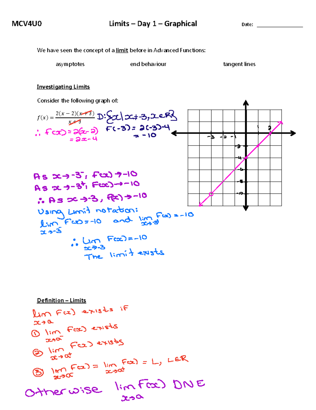 4.3 Graphical Limits Lesson answers - MCV4U0 Limits – Day 1 – Graphical Date ...