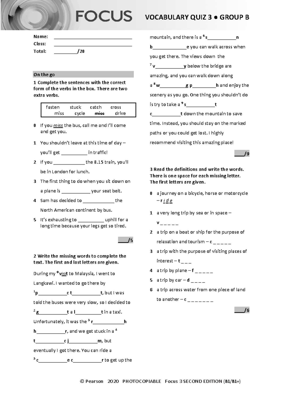 Focus 3 2E Vocabulary Quiz Unit3 Group B - © Pearson 2020 PHOTOCOPIABLE ...