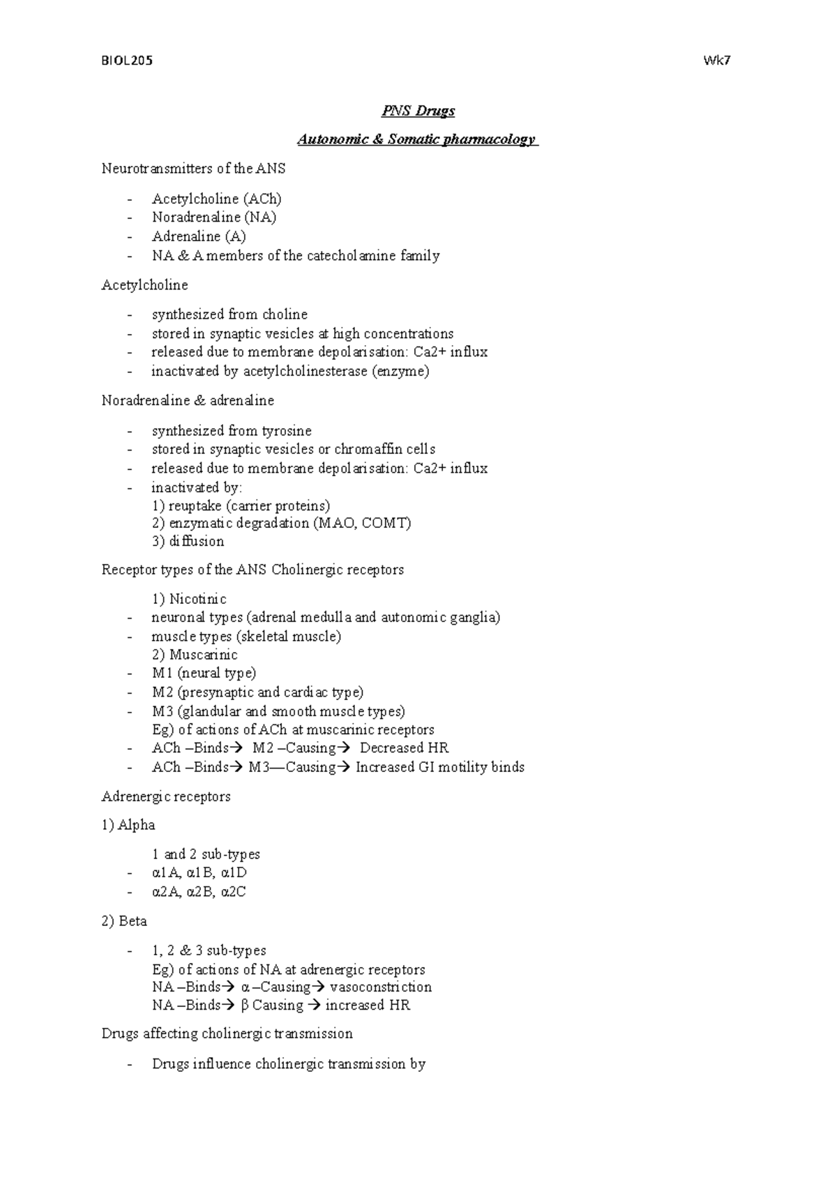 PNS Drugs wk 7 - Notes - PNS Drugs Autonomic & Somatic pharmacology ...