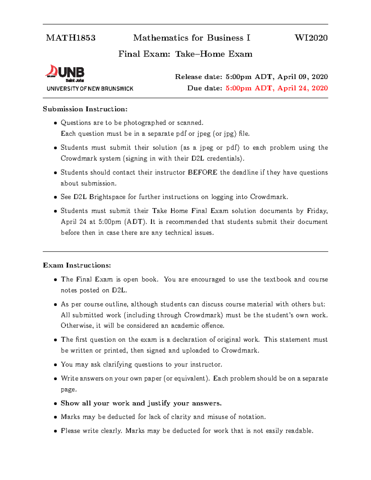 Math1853 WI20 Final Exam Crowdmark - MATH1853 Mathematics for Business ...