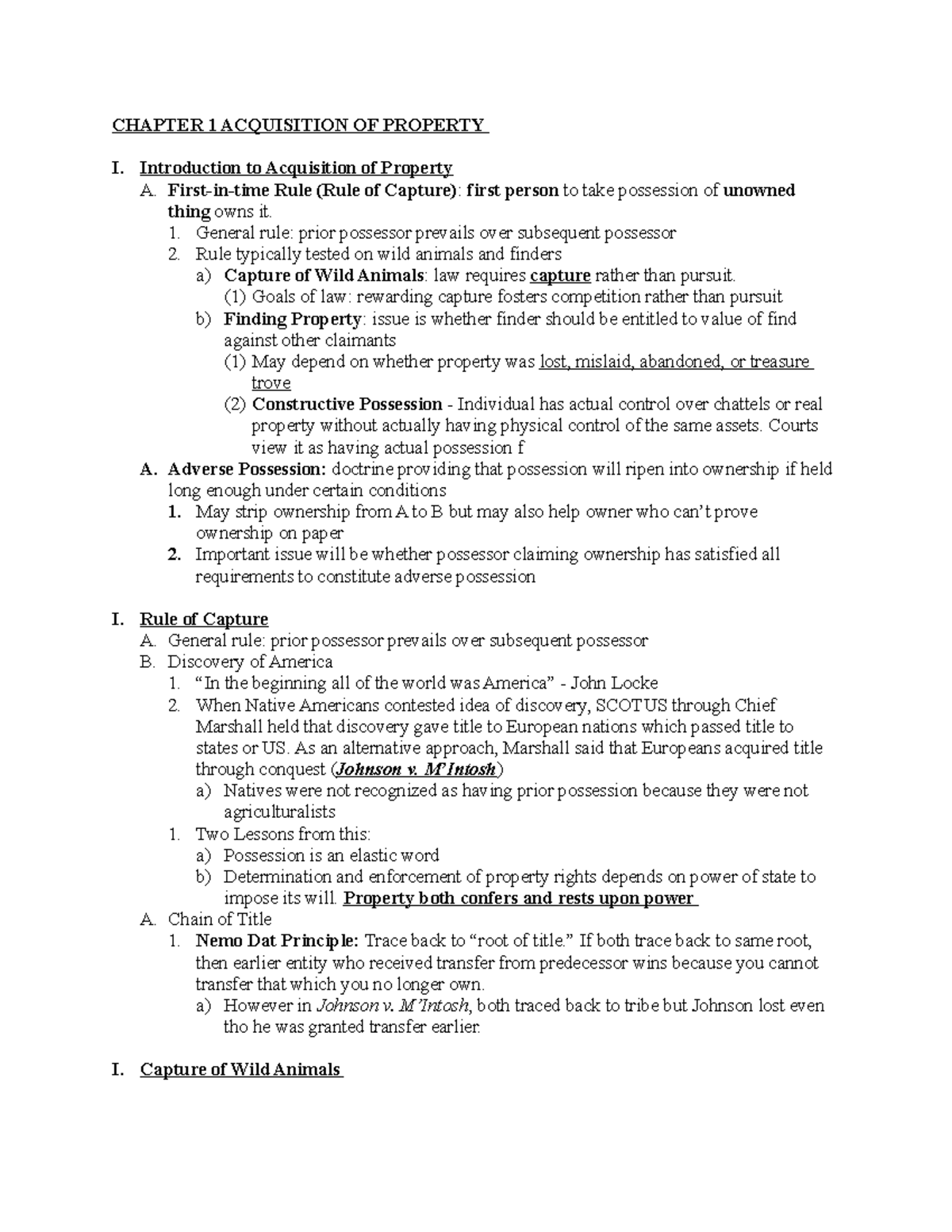 Property Law Outline 2 - CHAPTER 1 ACQUISITION OF PROPERTY I. Introduction to Acquisition of ...