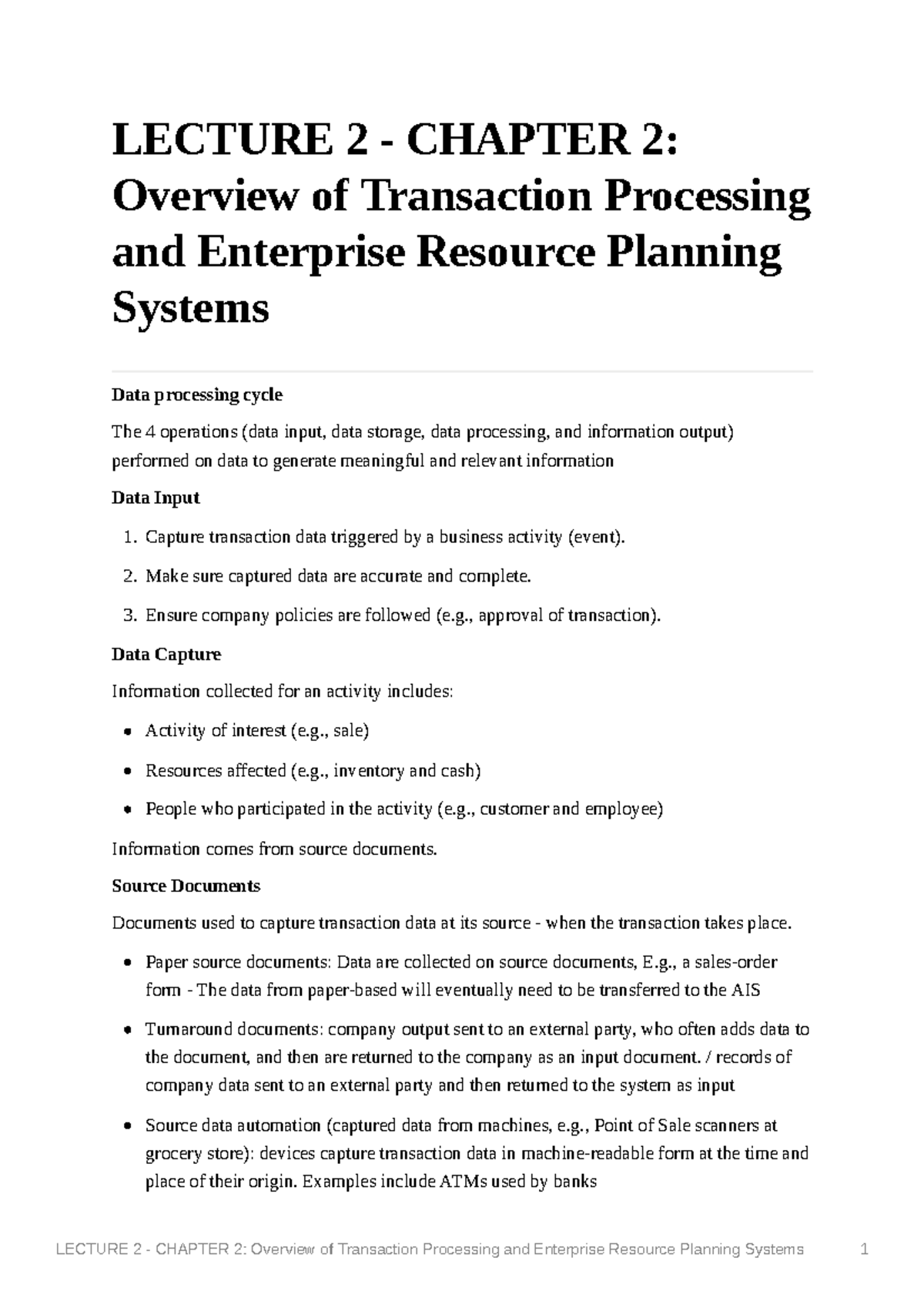 ACS chap2 - LECTURE 2 - CHAPTER 2: Overview of Transaction Processing and Enterprise Resource ...