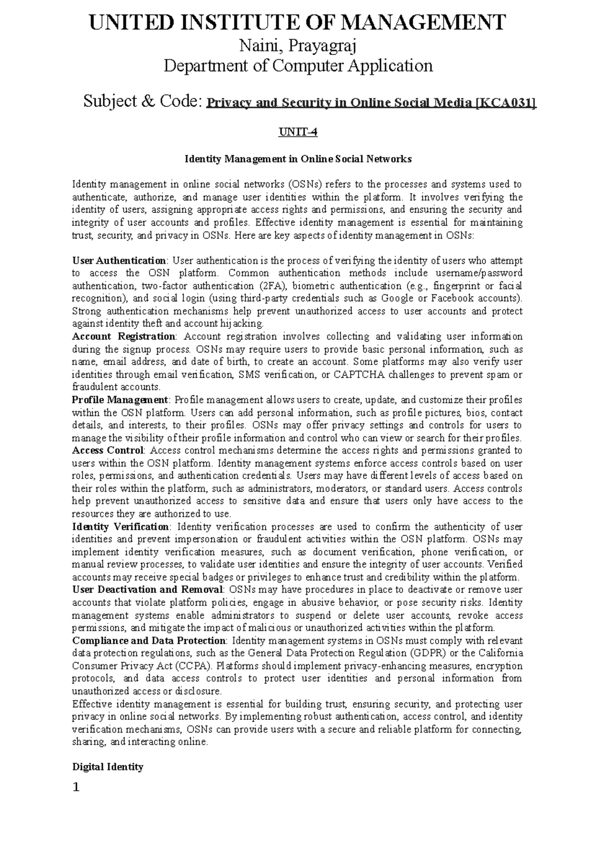 UNIT-4 psosm - UNITED INSTITUTE OF MANAGEMENT Naini, Prayagraj Department of Computer ...