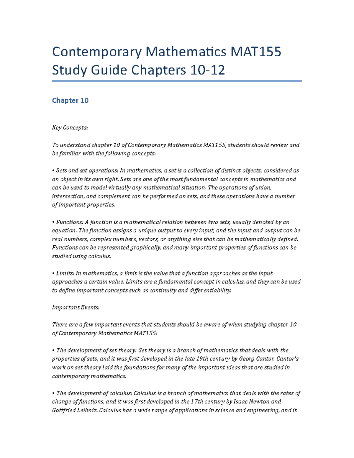 Contemporary Mathematics MAT155 Study Guide Chapters 10-12 ...