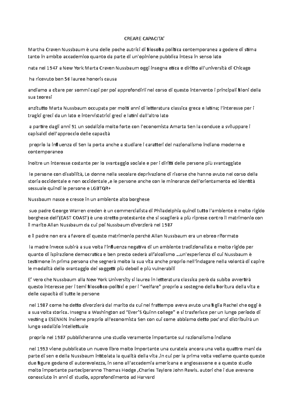 Nussbaum creare capacità bozza 1 - CREARE CAPACITA’ Martha Craven Nussbaum è una delle poche ...
