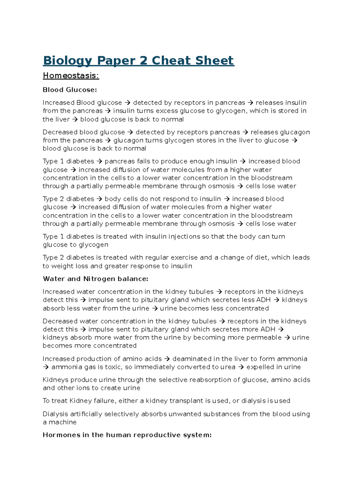 Biology Paper 2 Cheat Sheet - Biology Paper 2 Cheat Sheet Homeostasis ...