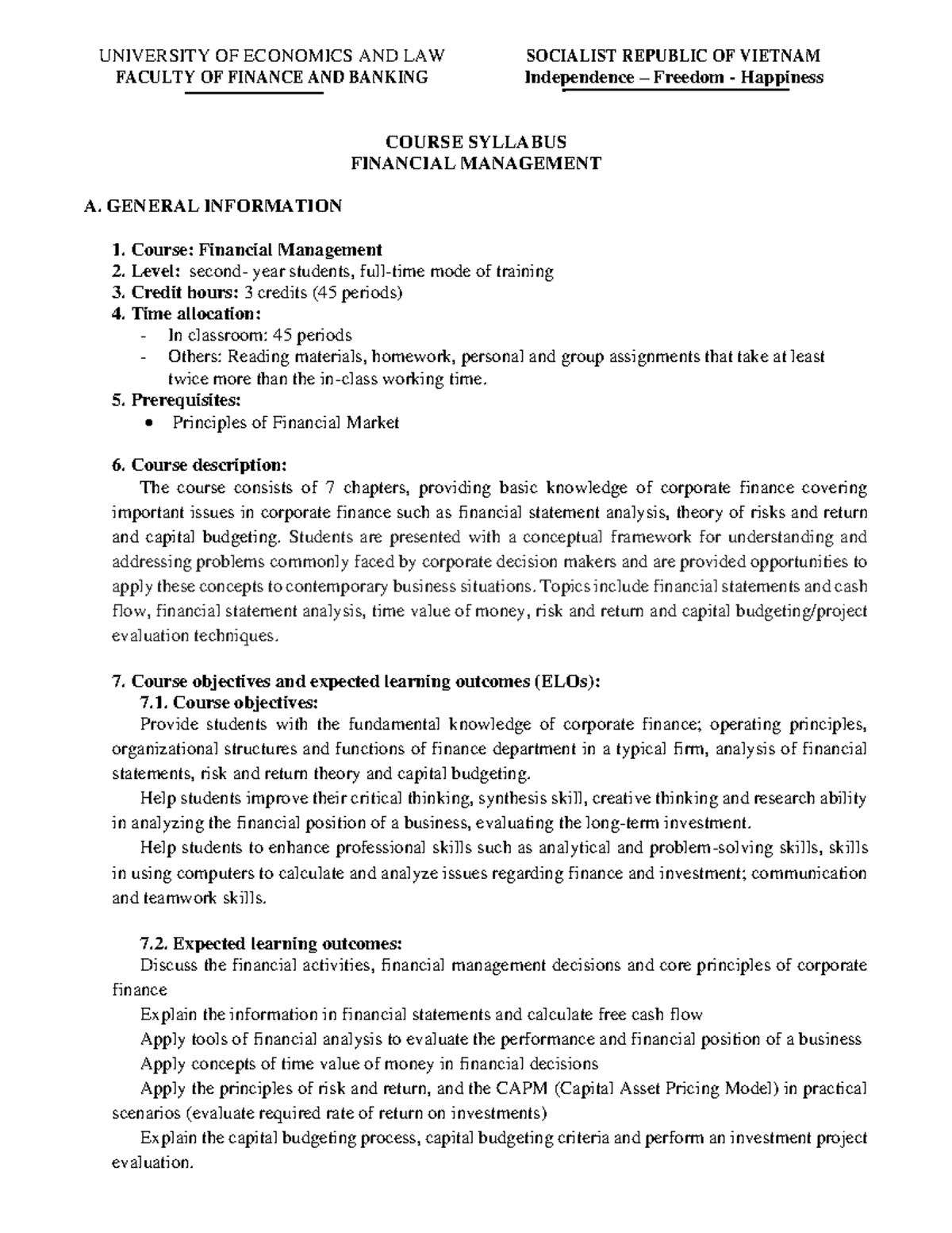 Syllabus - Financial Management - 3 credits - UNIVERSITY OF ECONOMICS ...