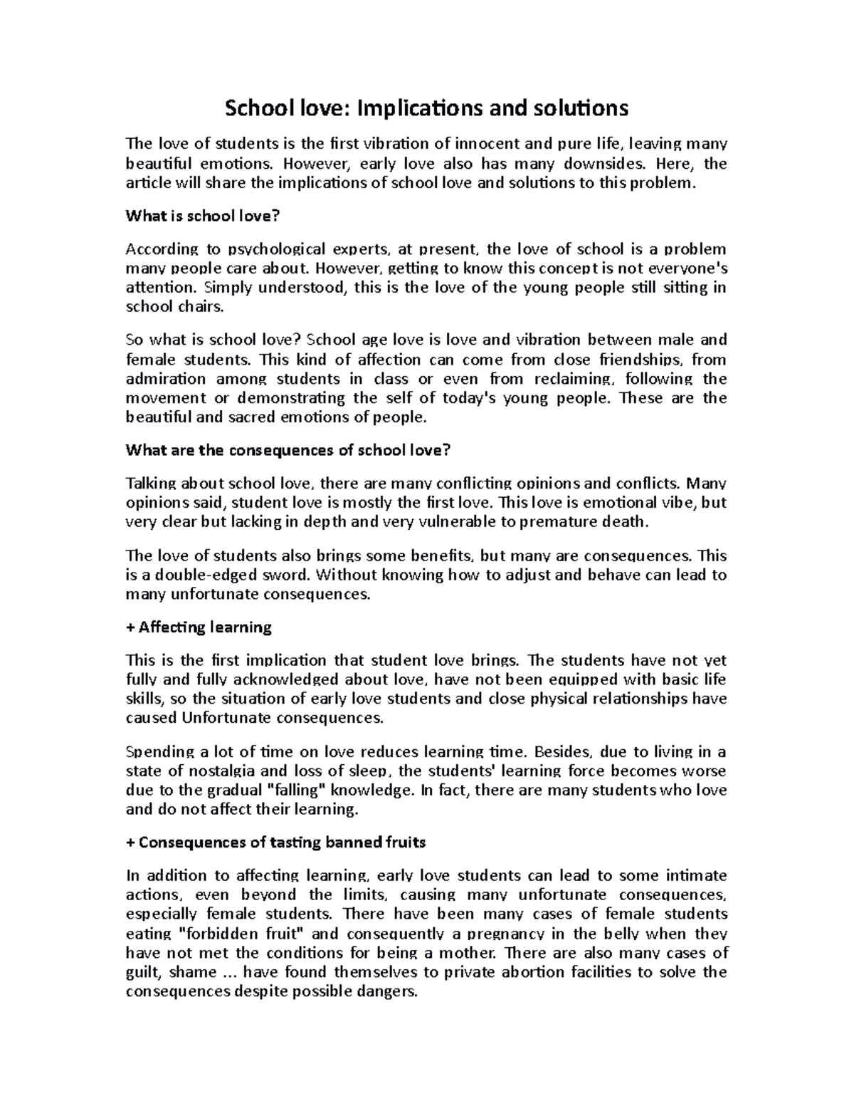 School love: Implications and solutions - However, early love also has ...
