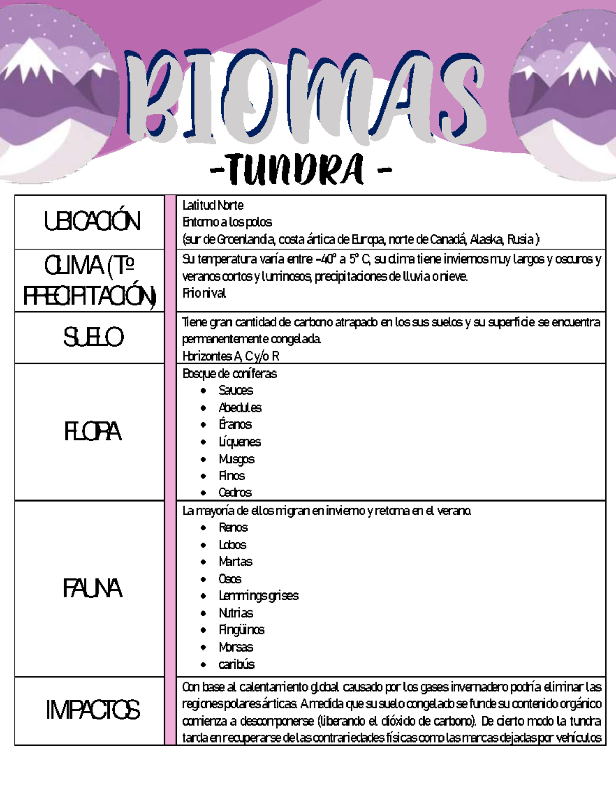 Biomas - Tundra - UBICACIÓN Latitud Norte Entorno a los polos (sur de ...