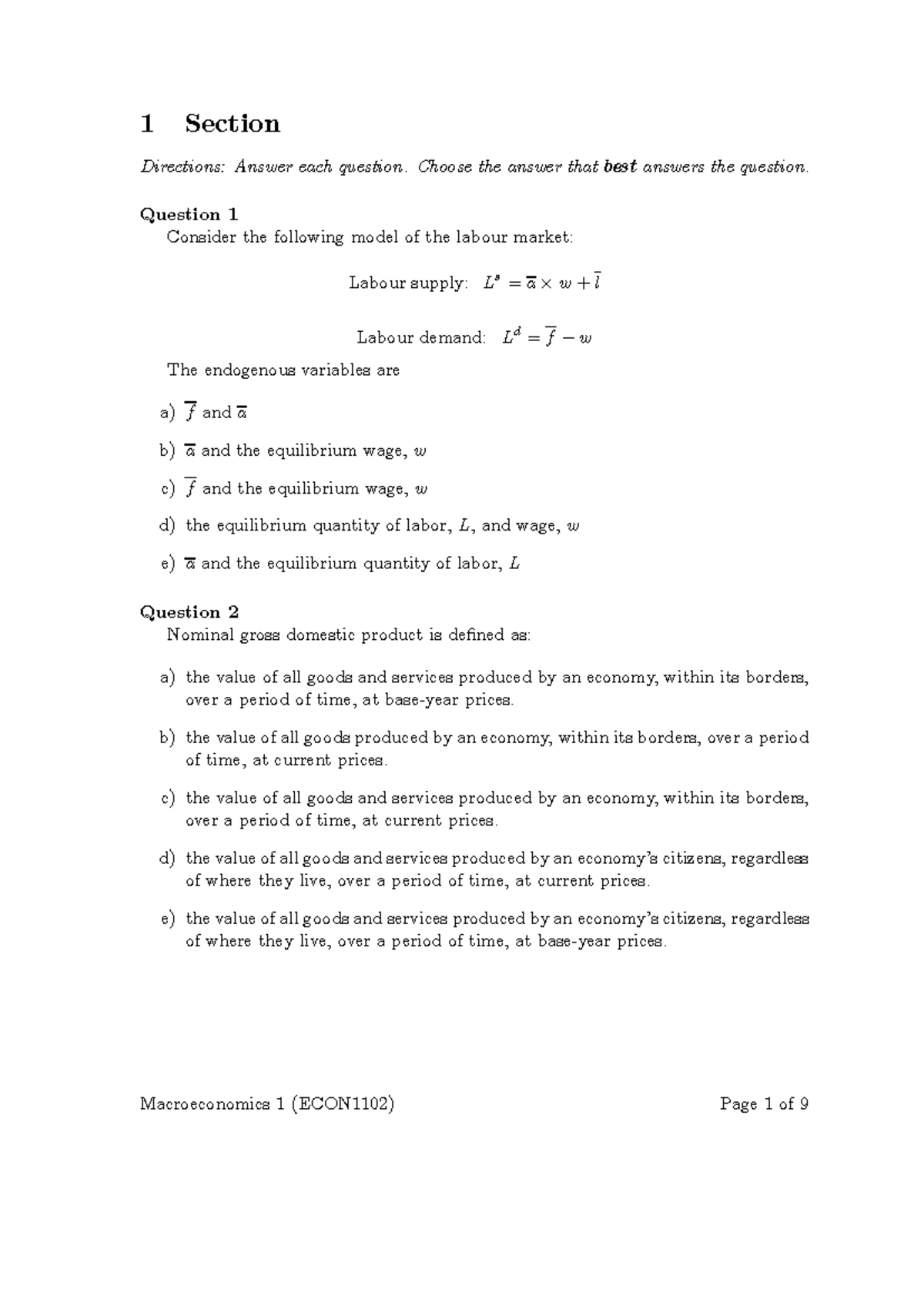 Midterm Mock Exam ECON1102 (2024-S1) - 1 Section Directions: Answer each question. Choose the ...