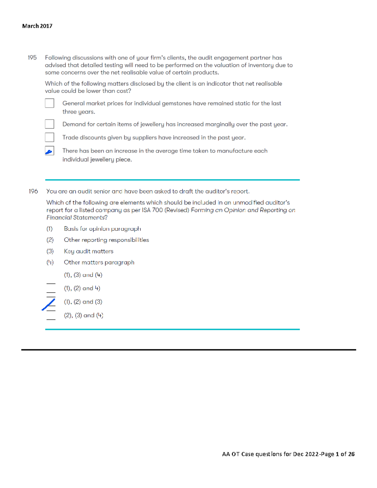 Session end practice questions for AA June 2023 - Advance Audit and ...