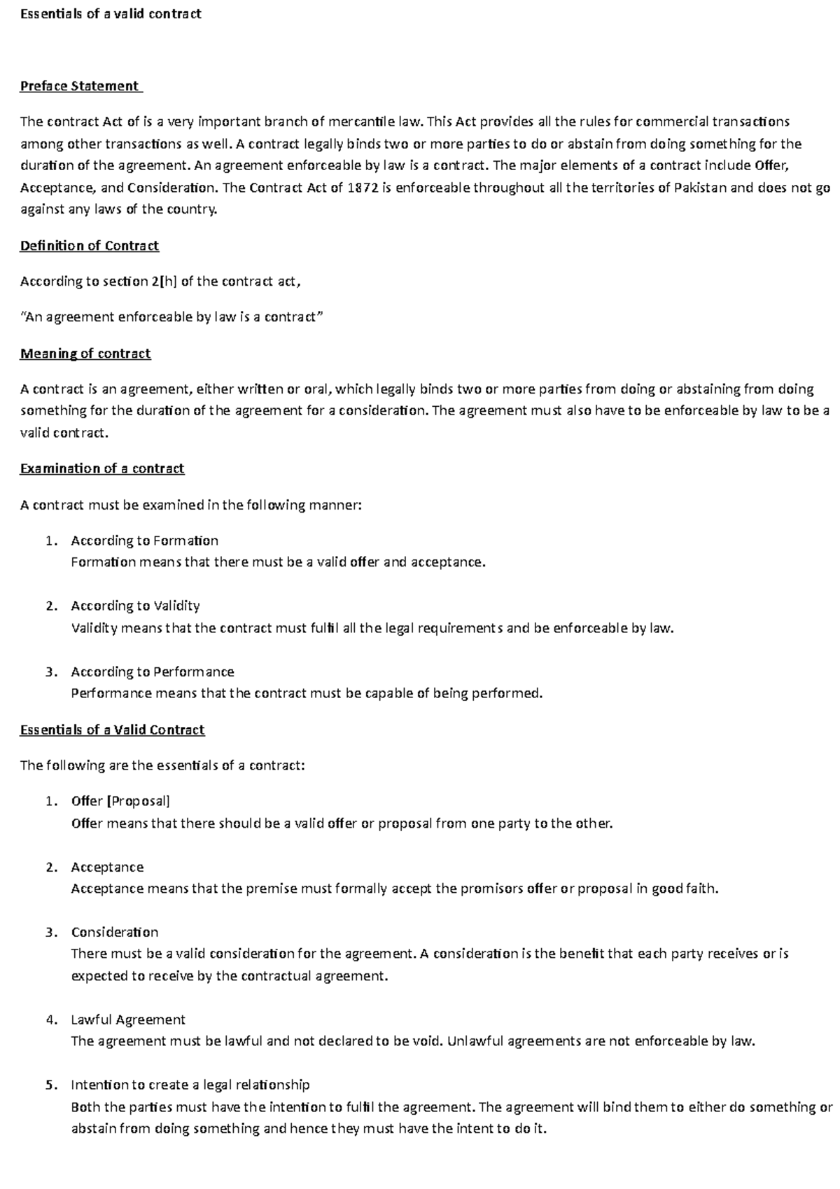 Essentials of a valid contract - This Act provides all the rules for ...