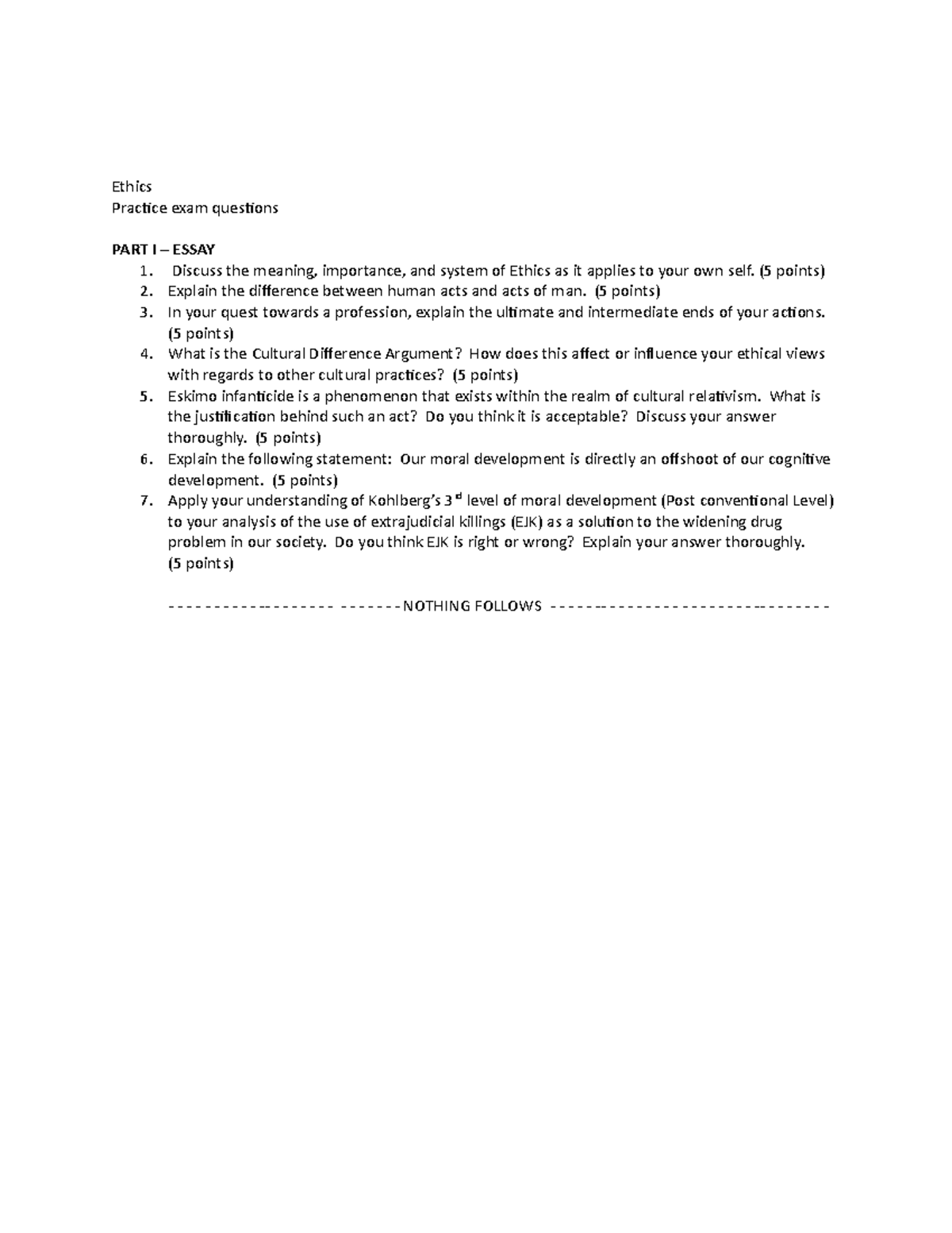 Ethics - MT Part 1 SY 2021-2022 - Ethics Practice exam questions PART I ...