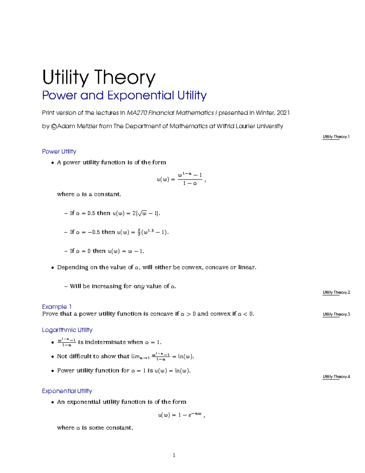 MA270 Power Exponential Notes - Utility Theory Power and Exponential ...