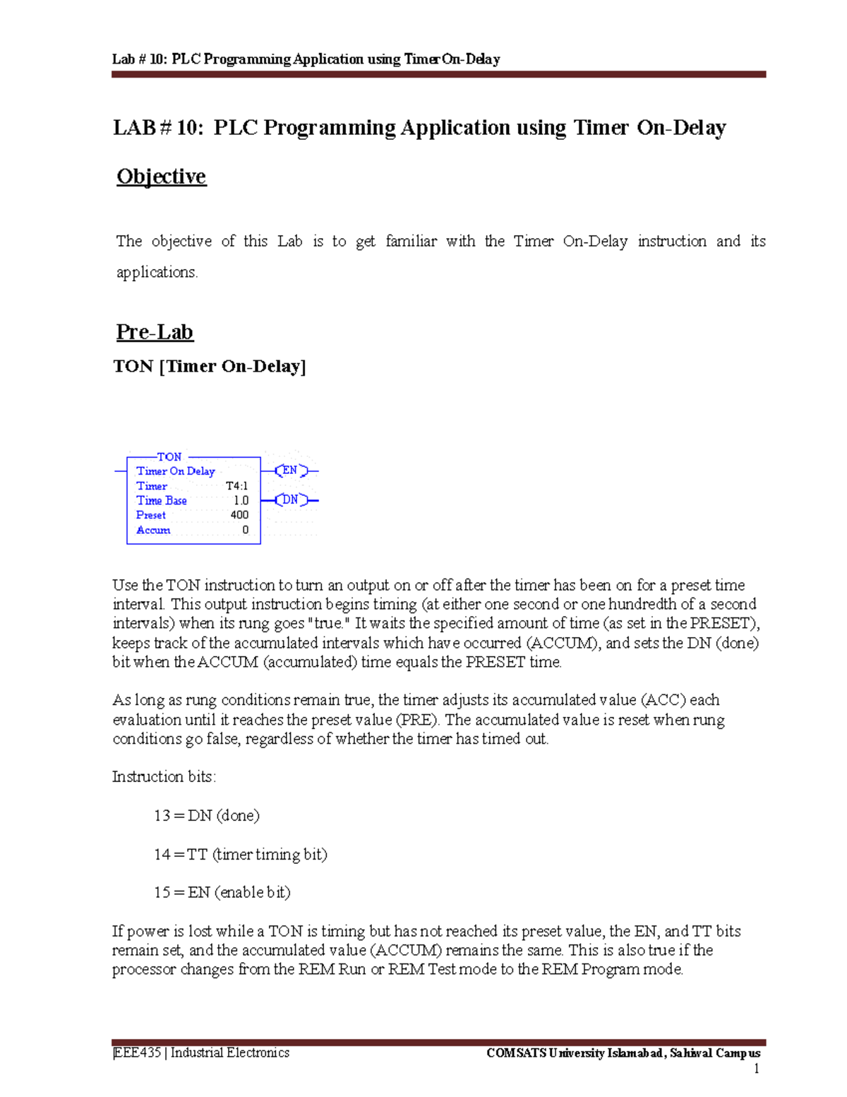 Lab10 EEE435 IE B4 - industrial electronics - LAB # 10: PLC Programming Application using Timer ...