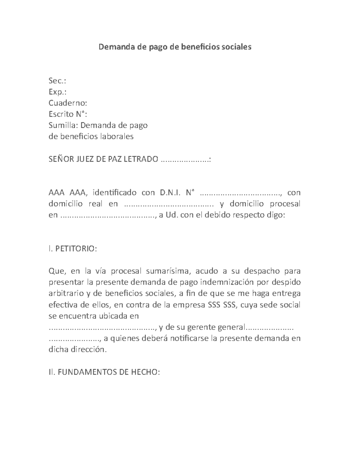 Demanda de pago de beneficios sociales - : Exp.: Cuaderno: Escrito N°: Sumilla: Demanda de pago ...