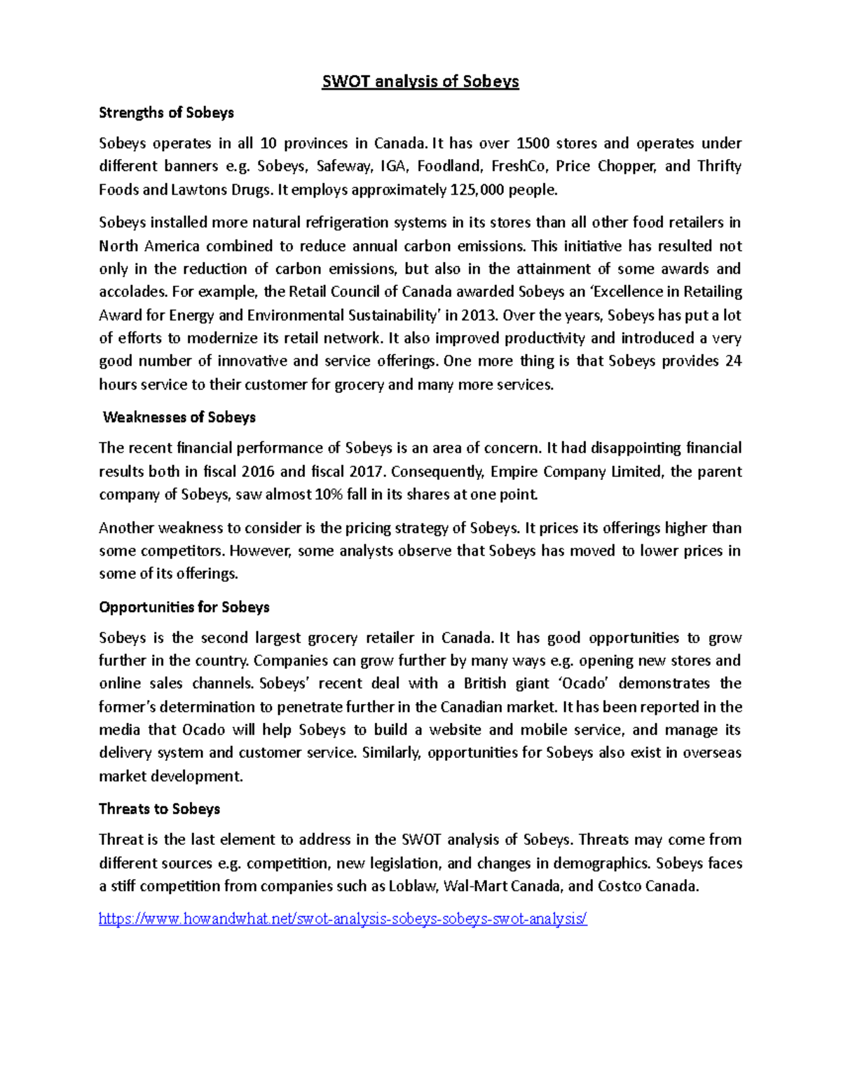 SWOT analysis of Sobeys - SWOT analysis of Sobeys Strengths of Sobeys ...