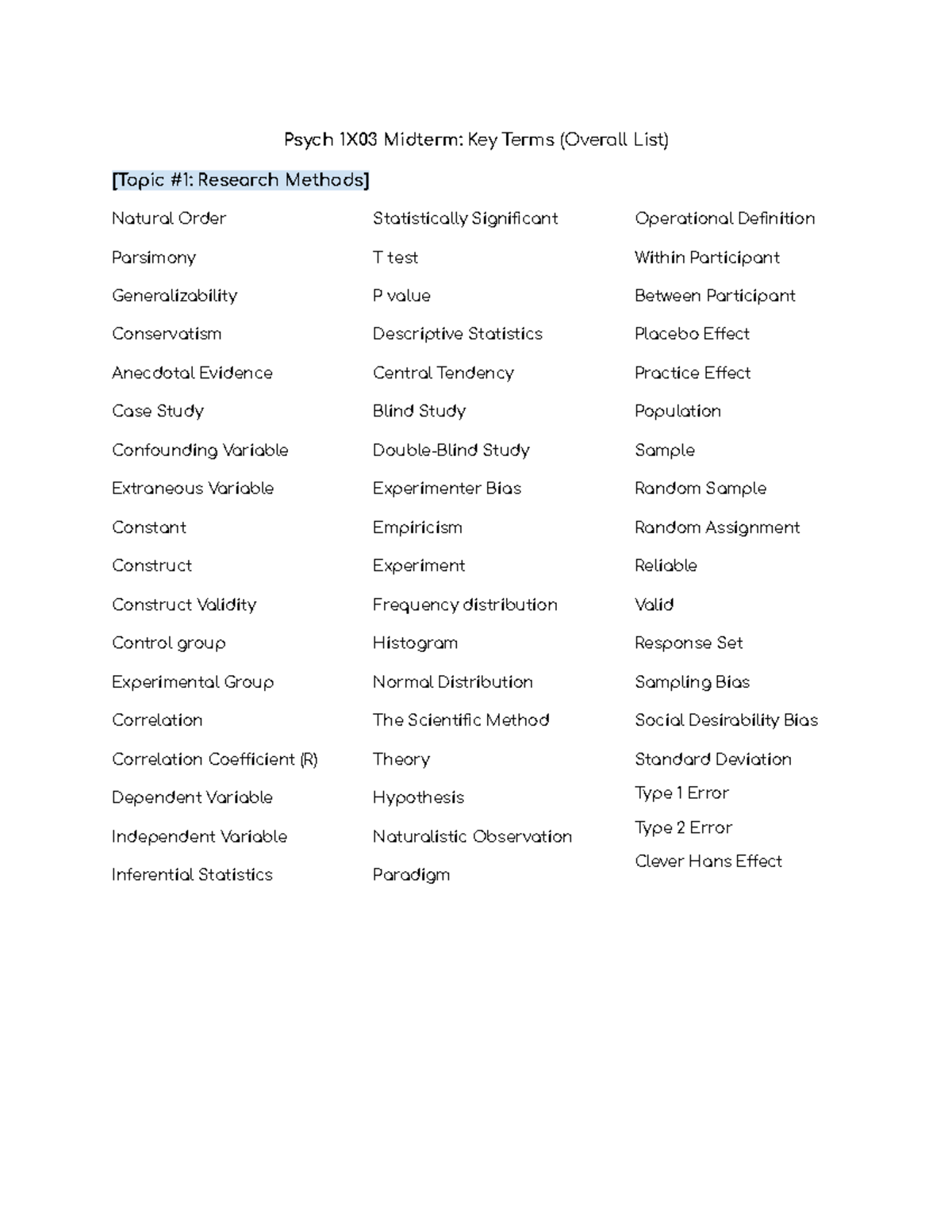 Psych Topic 1 Key Terms (Research Methods) - Psych 1X03 Midterm: Key ...