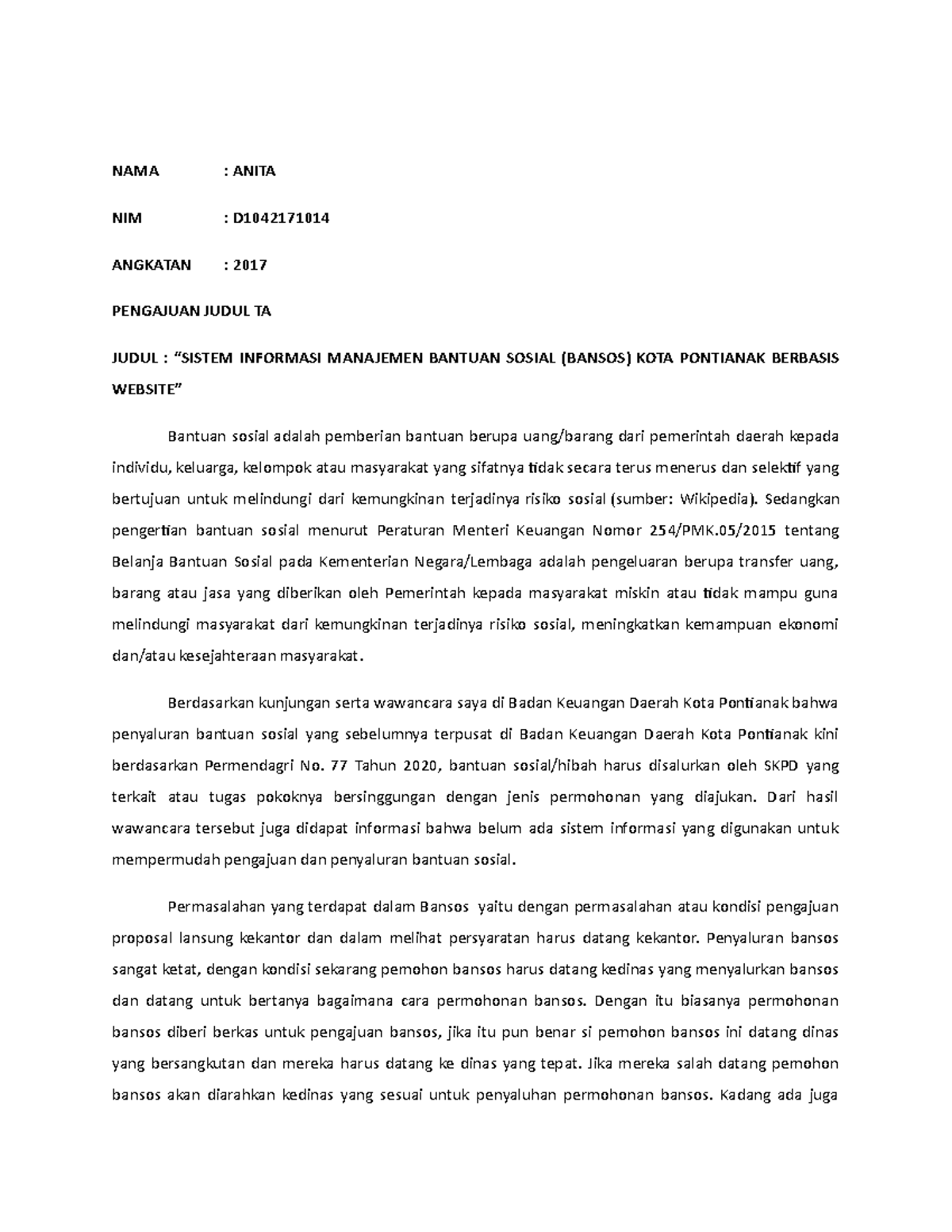 Rancangan Judul TA - NAMA : ANITA NIM : D ANGKATAN : 2017 PENGAJUAN ...