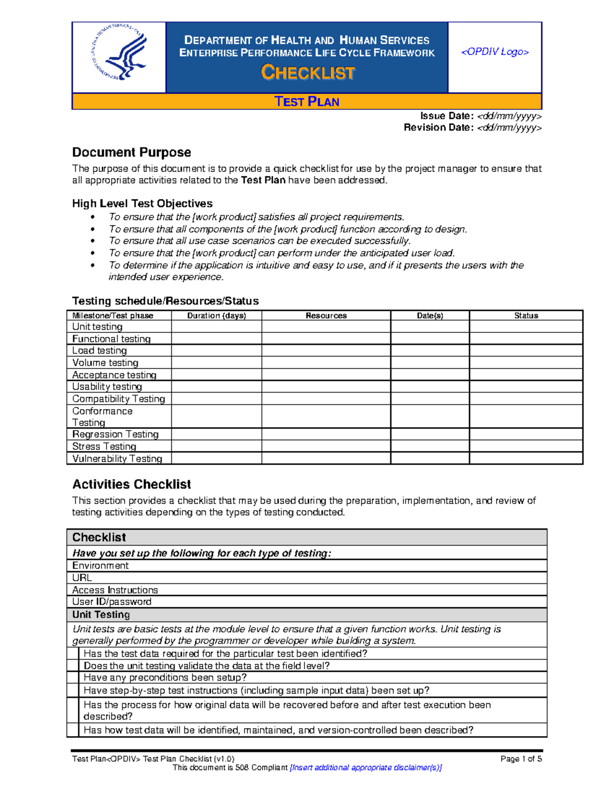 EPLC Test Plan Checklist - DEPARTMENT OF HEALTH AND HUMAN SERVICES ...