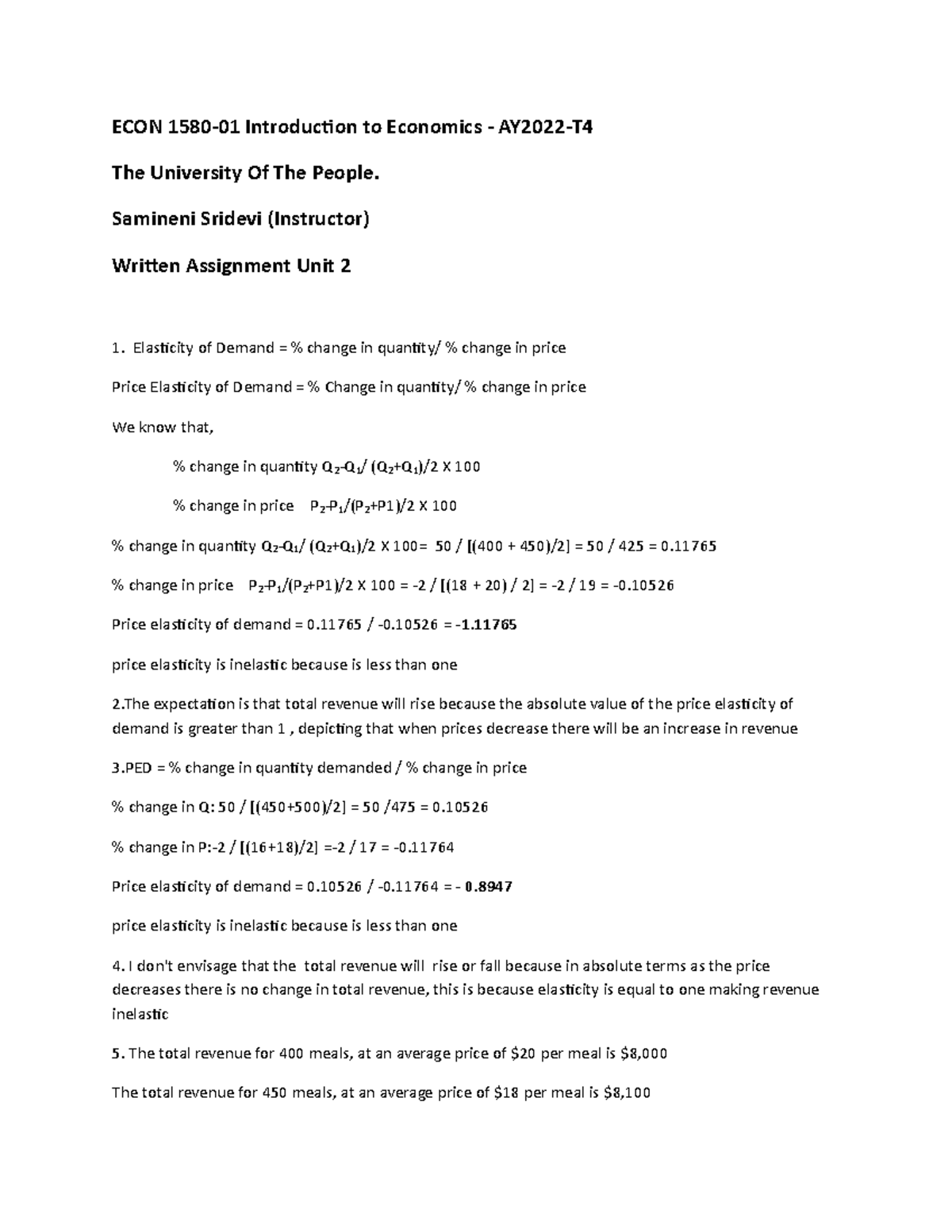 Eonomics Written Assignment Unit 2 - ECON 1580-01 Introduction to ...