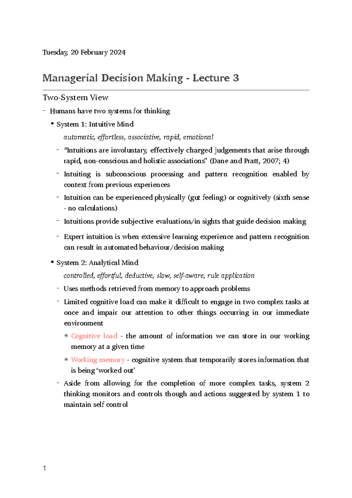Lecture 3 - Tuesday, 20 February 2024 Managerial Decision Making - Lecture 3 Two-System View ...