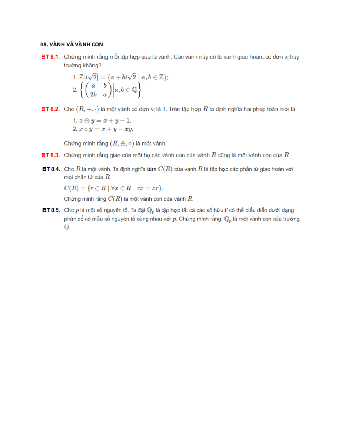 BTVN 08. Vanh va vanh con - Đại số đại cương - 08. V¿NH V¿ V¿NH CON - Studocu