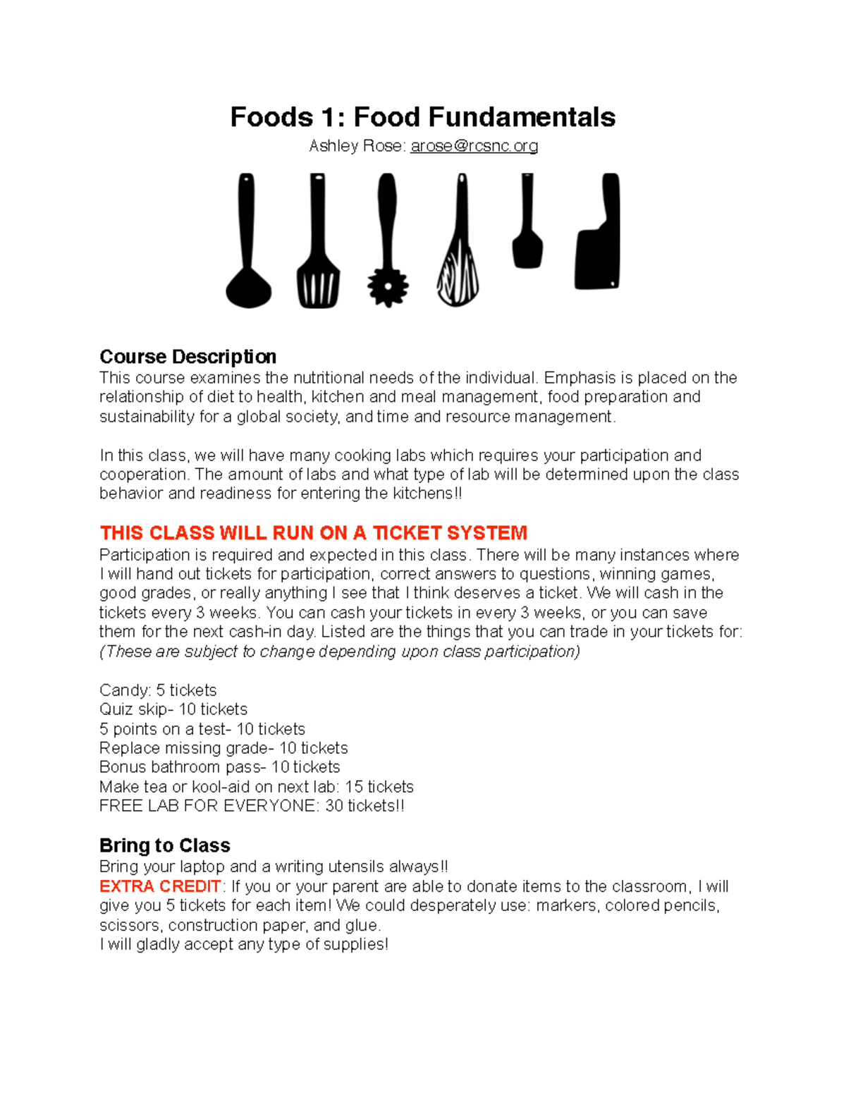 Foods 1 Syllabus - Miss que - Foods 1: Food Fundamentals Ashley Rose ...