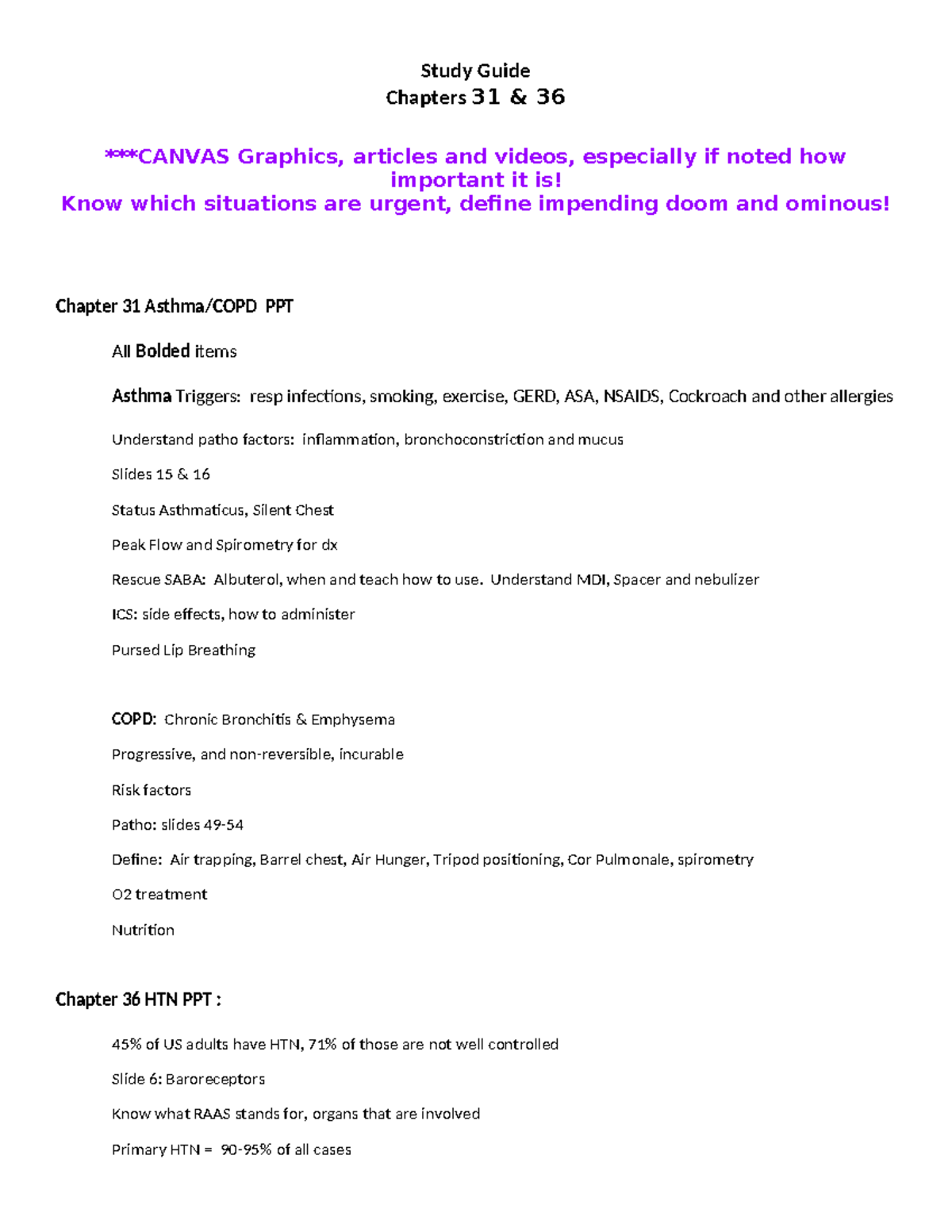Ch 31 and 36 Study Guide - notes for pharm - Study Guide Chapters 31 ...