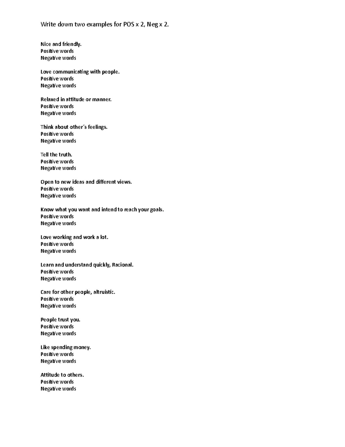 Video Worksheet Video Personality - Write down two examples for POS x 2 ...