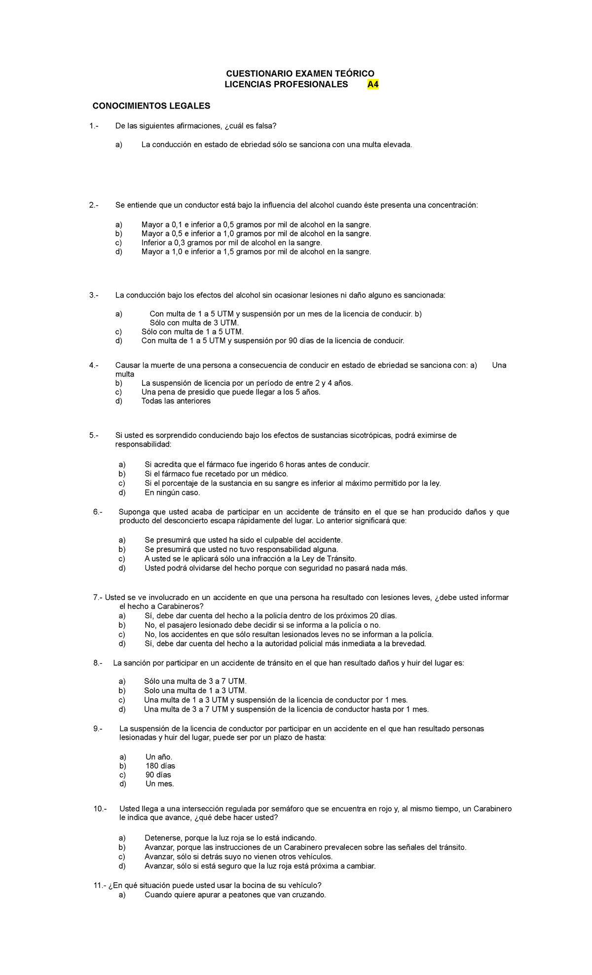 Clase A4 imprimir - MANEJO. PREGUNTAS - CUESTIONARIO EXAMEN TEÓRICO ...