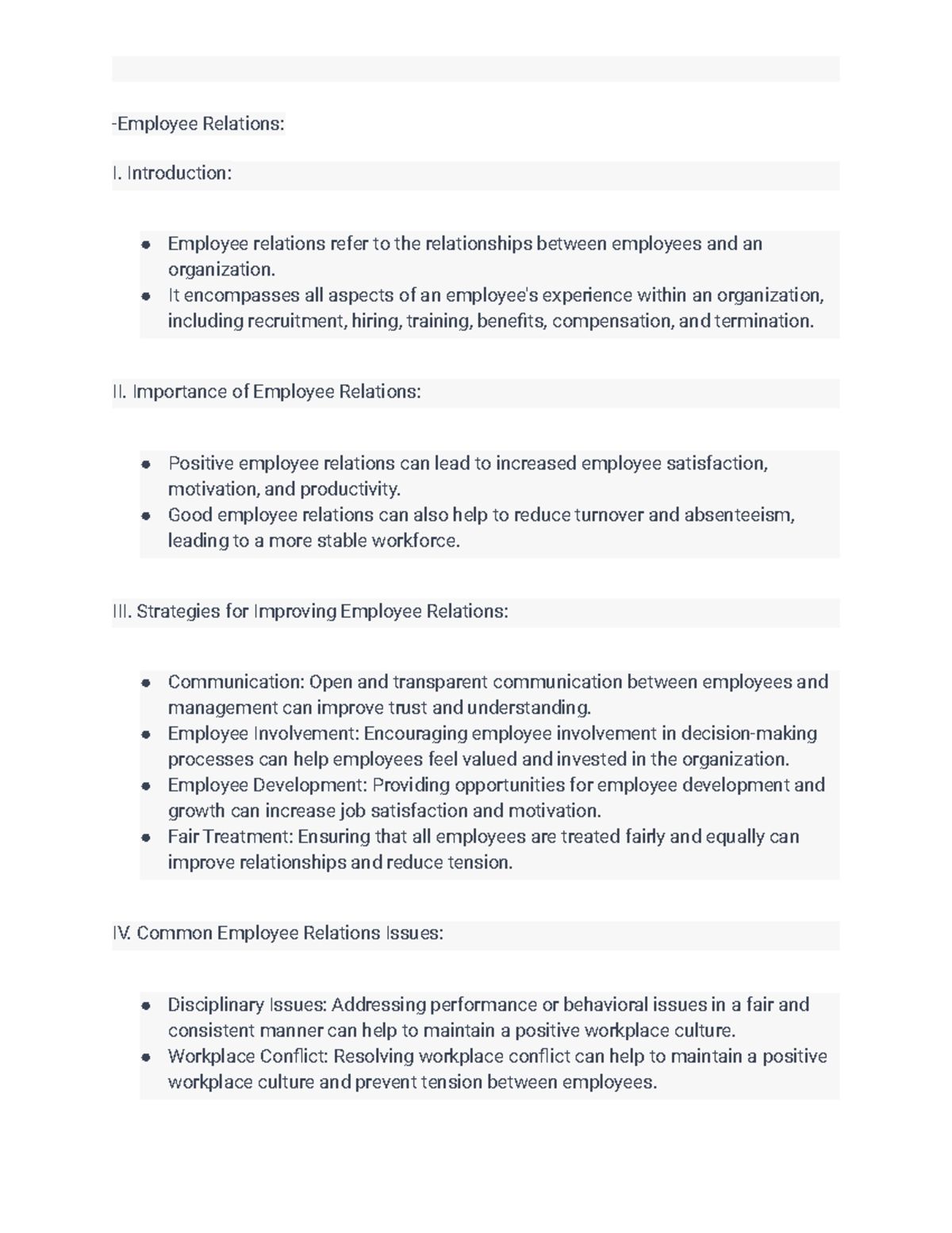 Employee Relations -Employee Relations: I. Introduction: Employee ...