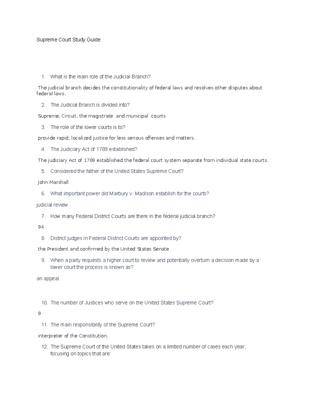 Supreme Court Study Guide - What is the main role of the Judicial ...