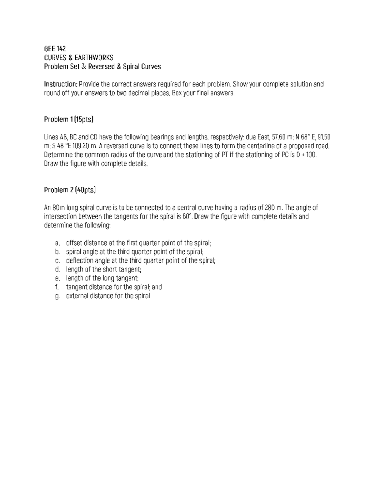 Prob Set-3-Reversed Spiral Curves - BS Civil Engineering - Studocu