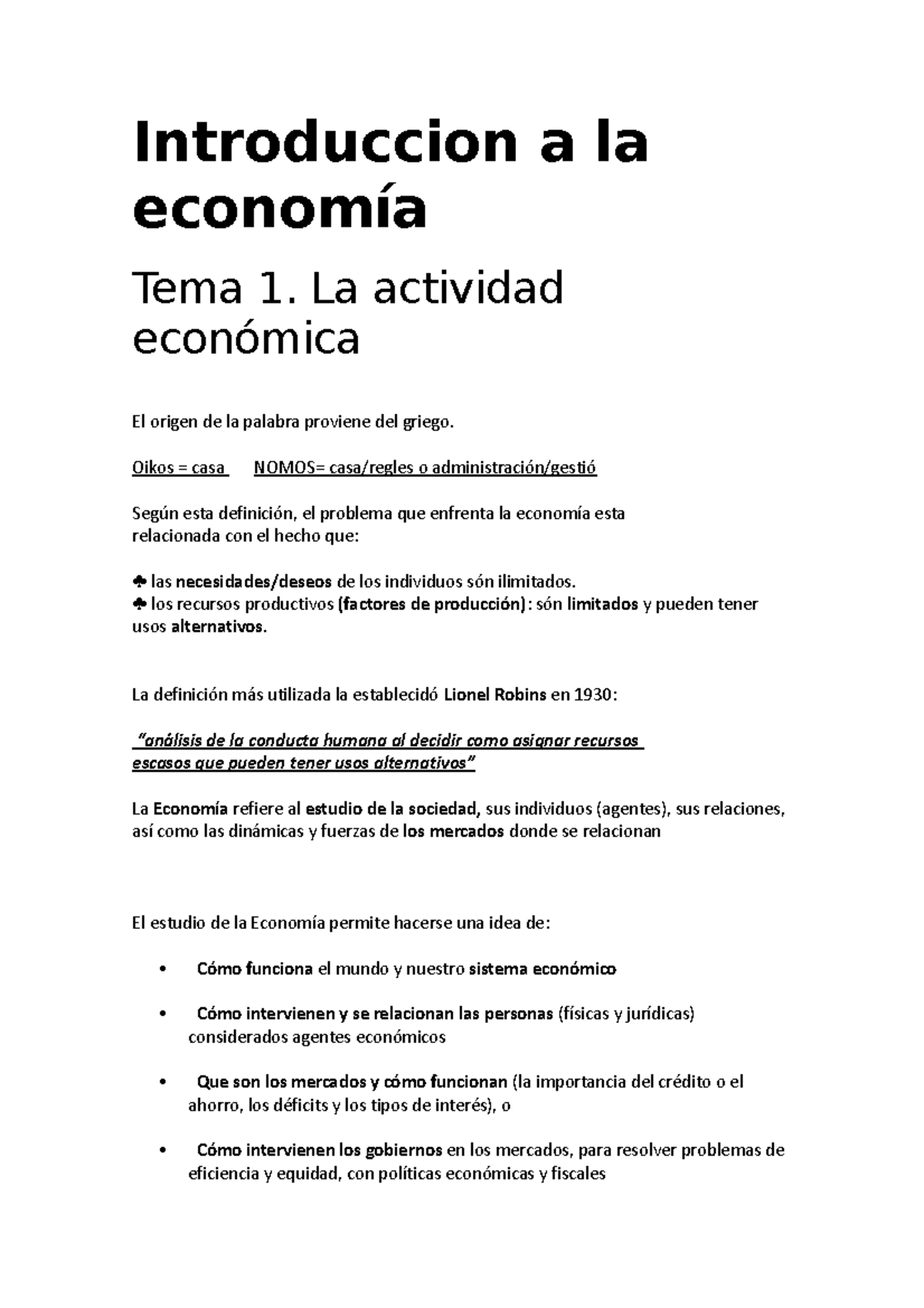 Introduccion a la economía TEMA 1 - Introduccion a la economía Tema 1. La actividad económica El ...