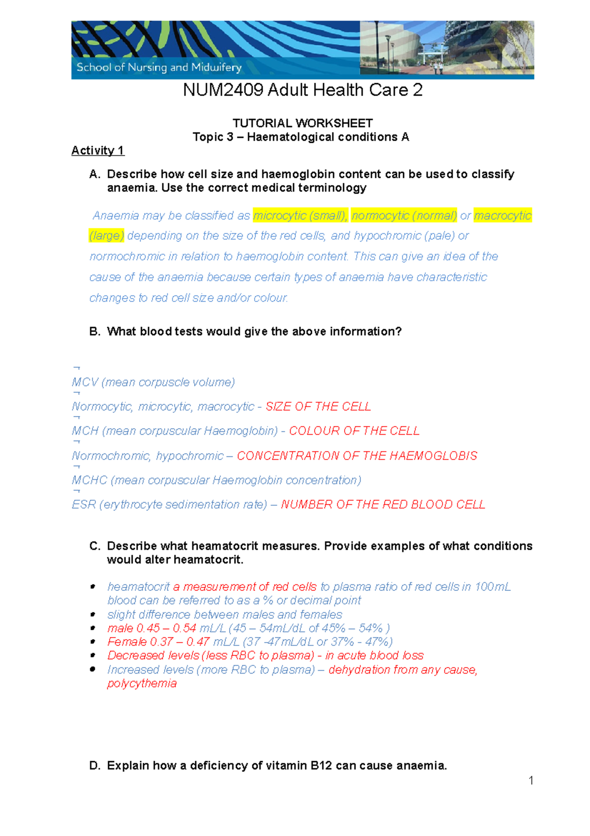 Week 2 Haematological conditions A - TUTORIAL WORKSHEET Topic 3 ...