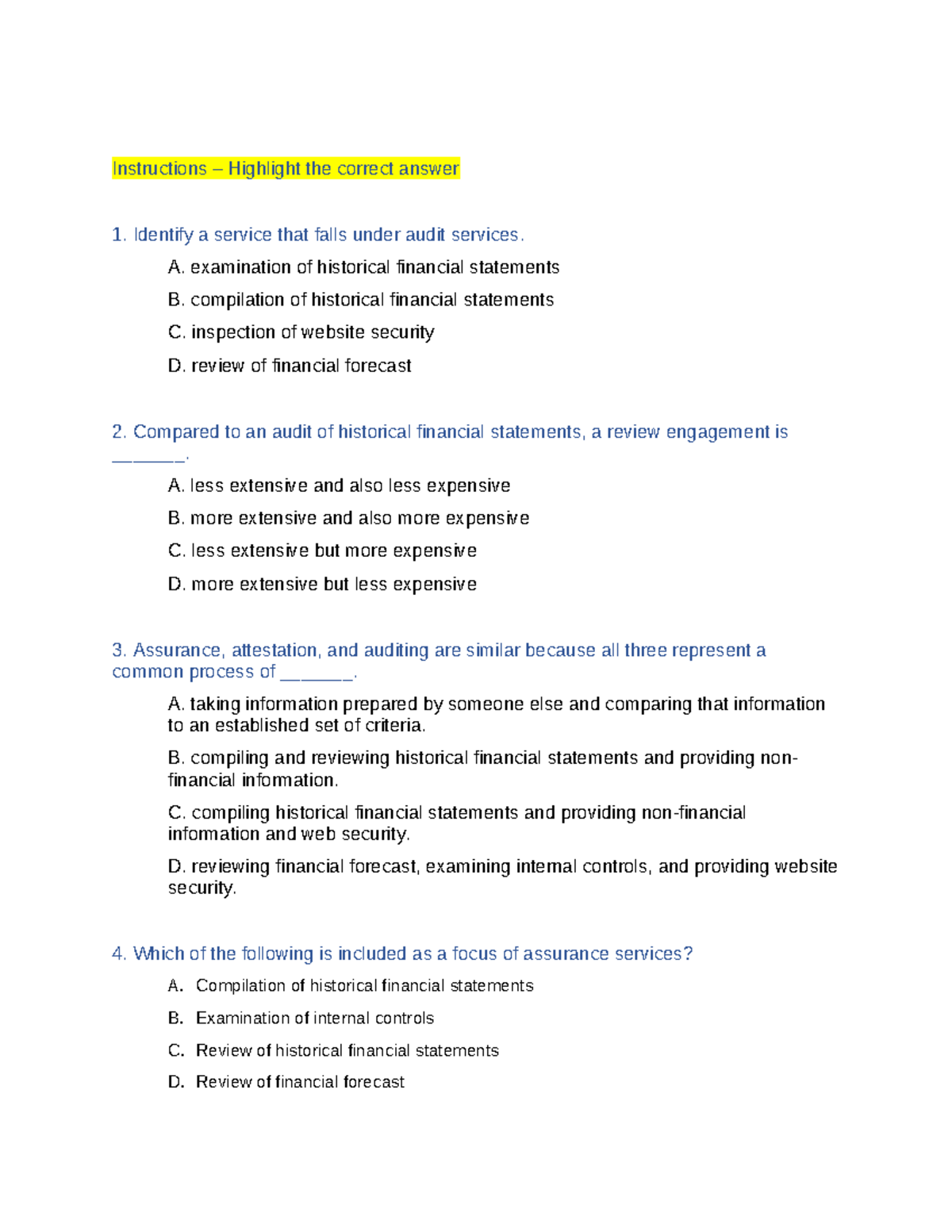 Extra Practice Set - Instructions – Highlight the correct answer 1. Identify a service that ...