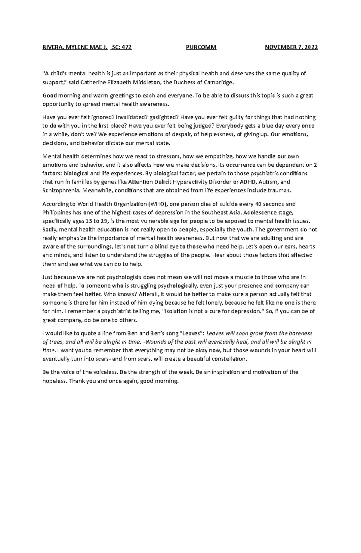 Advocacy-Speech - ssss - RIVERA, MYLENE MAE J. SC: 472 PURCOMM NOVEMBER ...