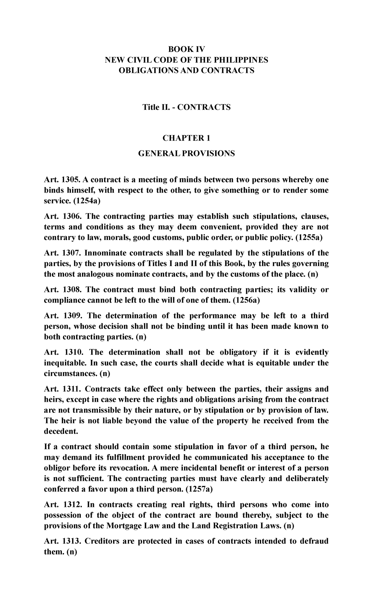 Codal- Contracts - BOOK IV NEW CIVIL CODE OF THE PHILIPPINES OBLIGATIONS AND CONTRACTS Title II ...